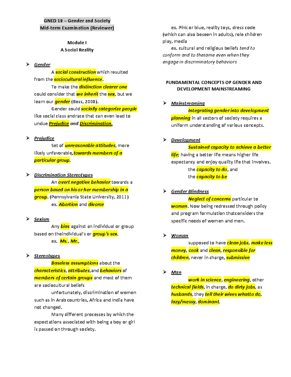 GNED 10 Gender and Society Mid term Examination Reviewer - GNED 10 ...