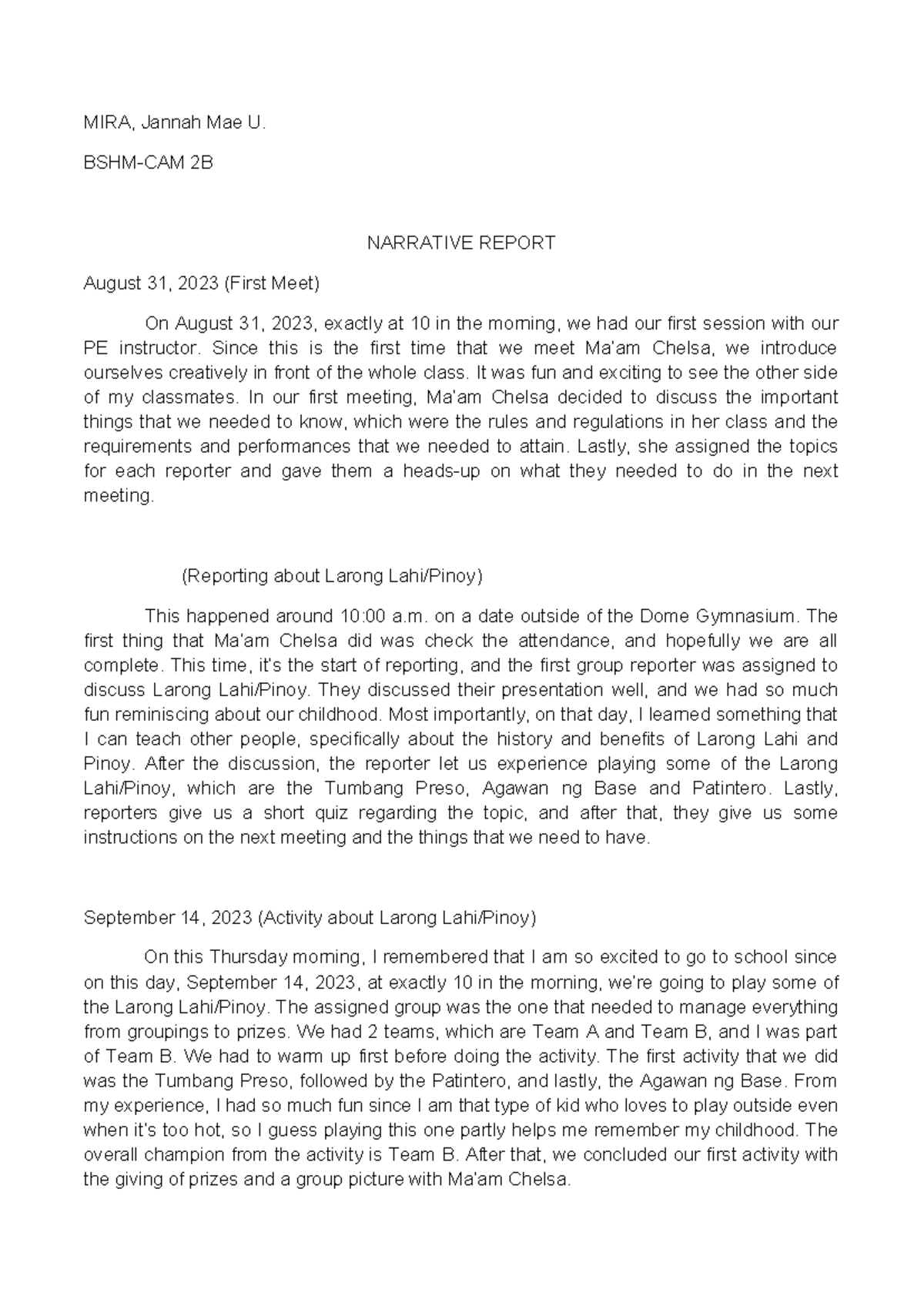 PE Narrative po ito - MIRA, Jannah Mae U. BSHM-CAM 2B NARRATIVE REPORT ...