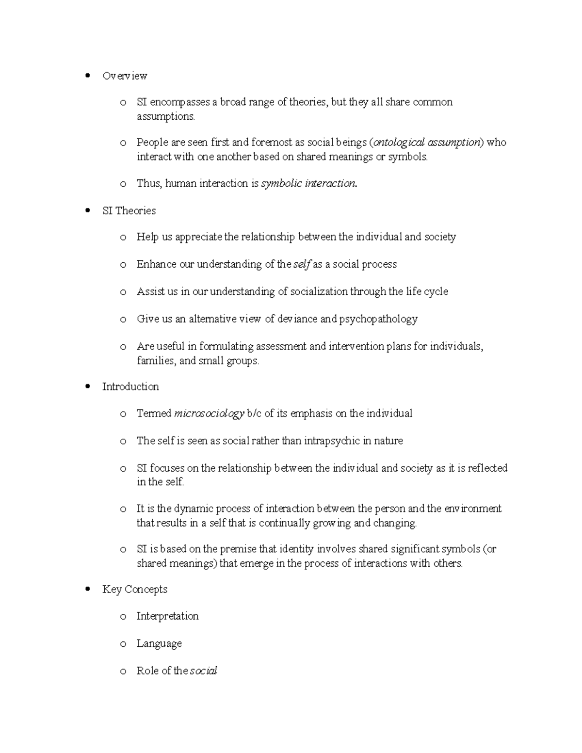 Symbolic Interaction Theory - Overview o SI encompasses a broad range ...