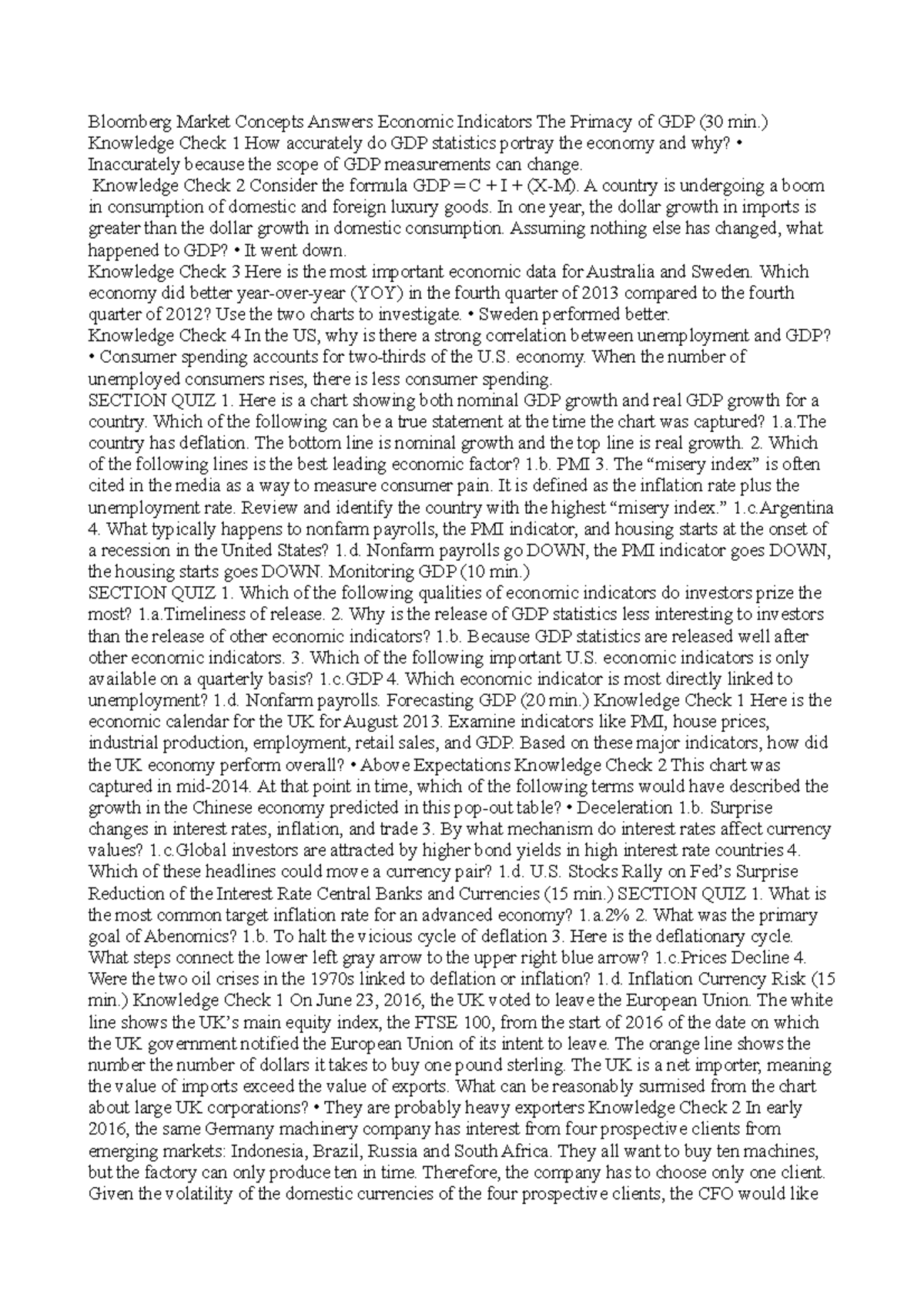 Bloomberg Market Concepts - ) Knowledge Check 1 How accurately do GDP ...