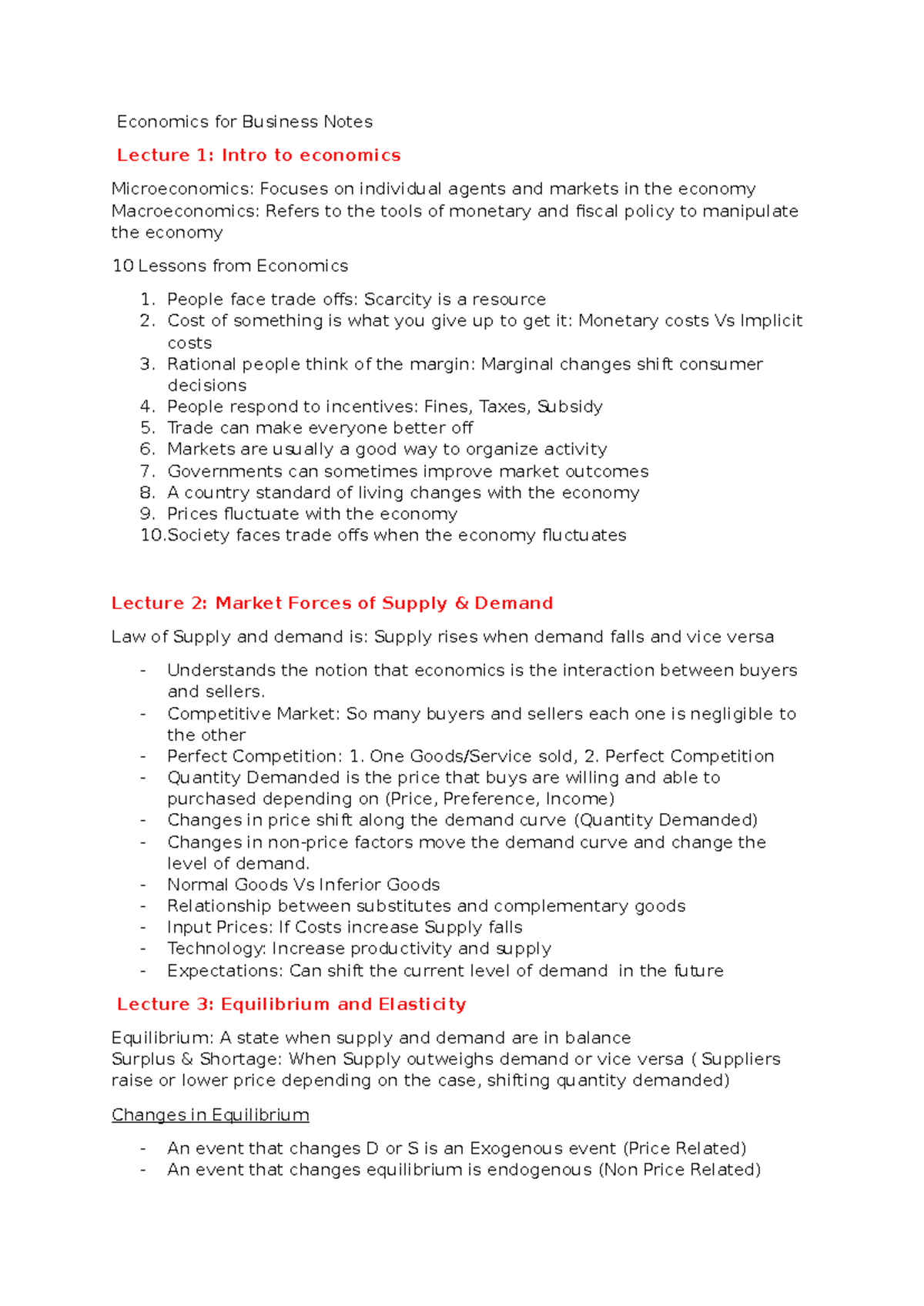 Economics for Business Notes - Economics for Business Notes Lecture 1 ...