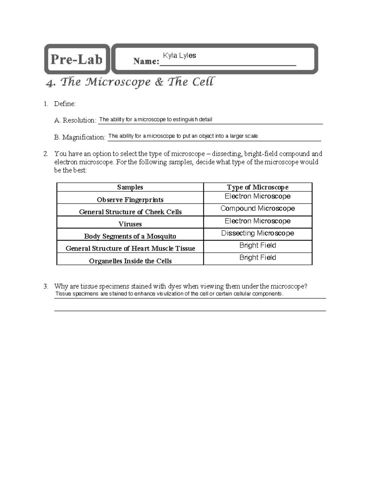 The Microscope and The Cell - Define: A. Resolution: - Studocu