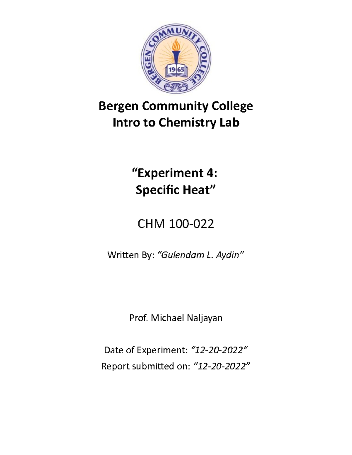 Experiment 4 - chemistry lab - Bergen Community College Intro to ...