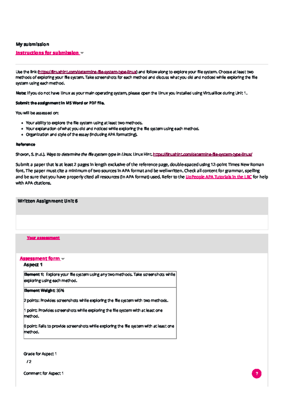 Written Assignment assessment Unit 6 - My submission Instructions for submission Use the link ...