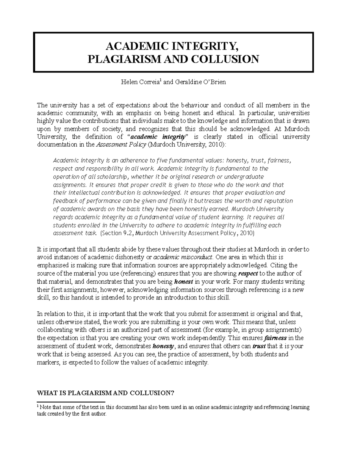 Academic Integrity, Plagiarism Colllusion - ACADEMIC INTEGRITY ...