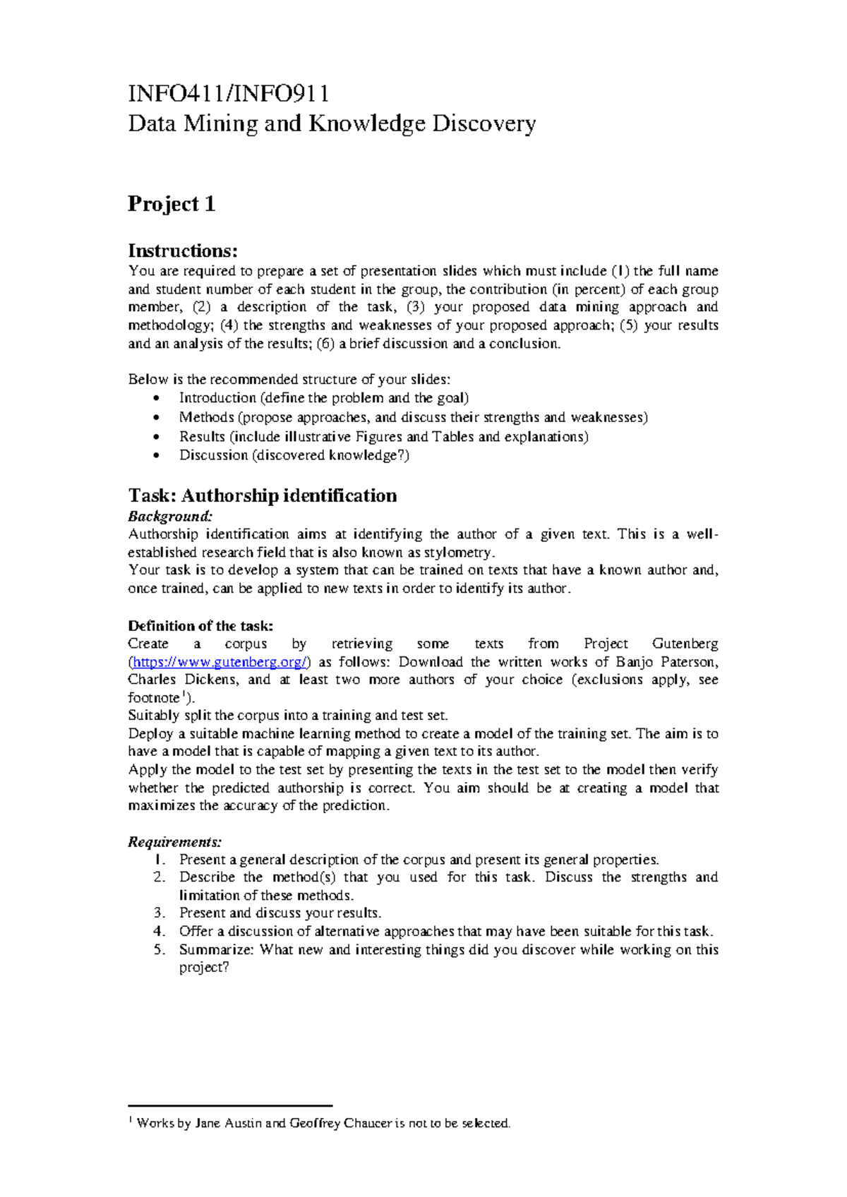 Project 1 Authorship Identification Info411info Data Mining And 9111