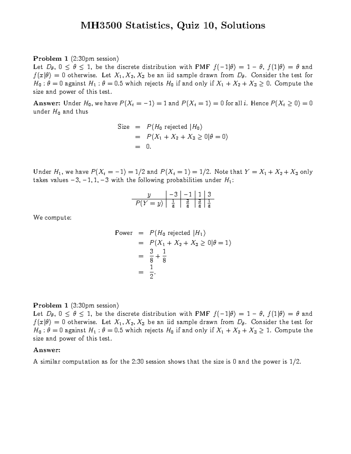 Quiz10 Solutions - statistic assignment - MH3500 Statistics, Quiz 10, Solutions Problem 1 (2 ...