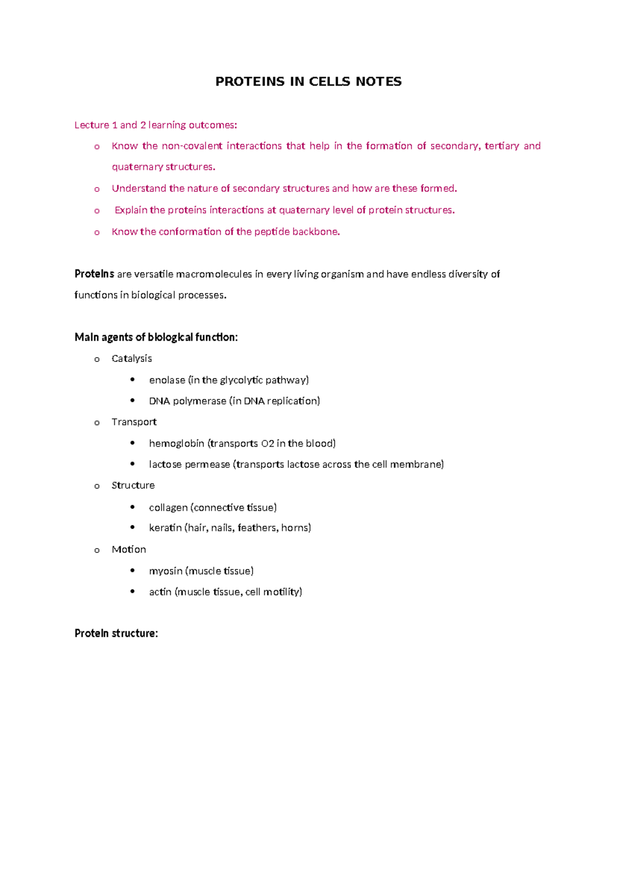 Proteins In Cells Notes - PROTEINS IN CELLS NOTES Lecture 1 and 2 ...