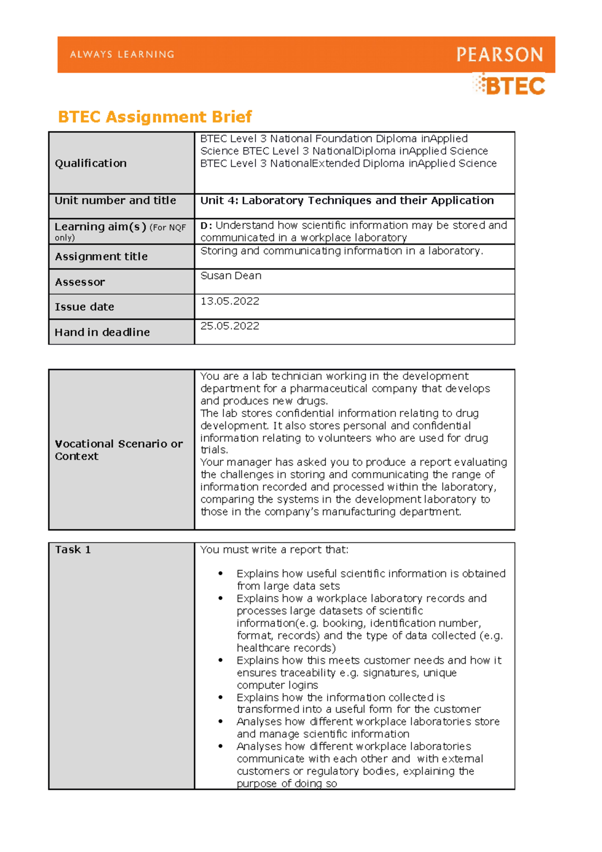 Assignment 4D Unit 4 - BTEC Assignment Brief Qualification BTEC Level 3 ...
