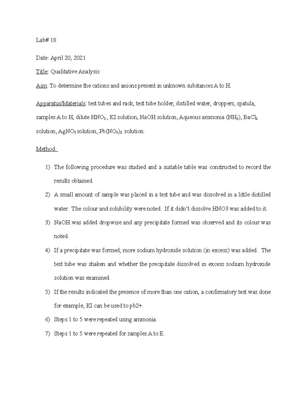 Chemistry - Qualitative Analysis ( edited ) - Lab# 18 Date: April 20 ...
