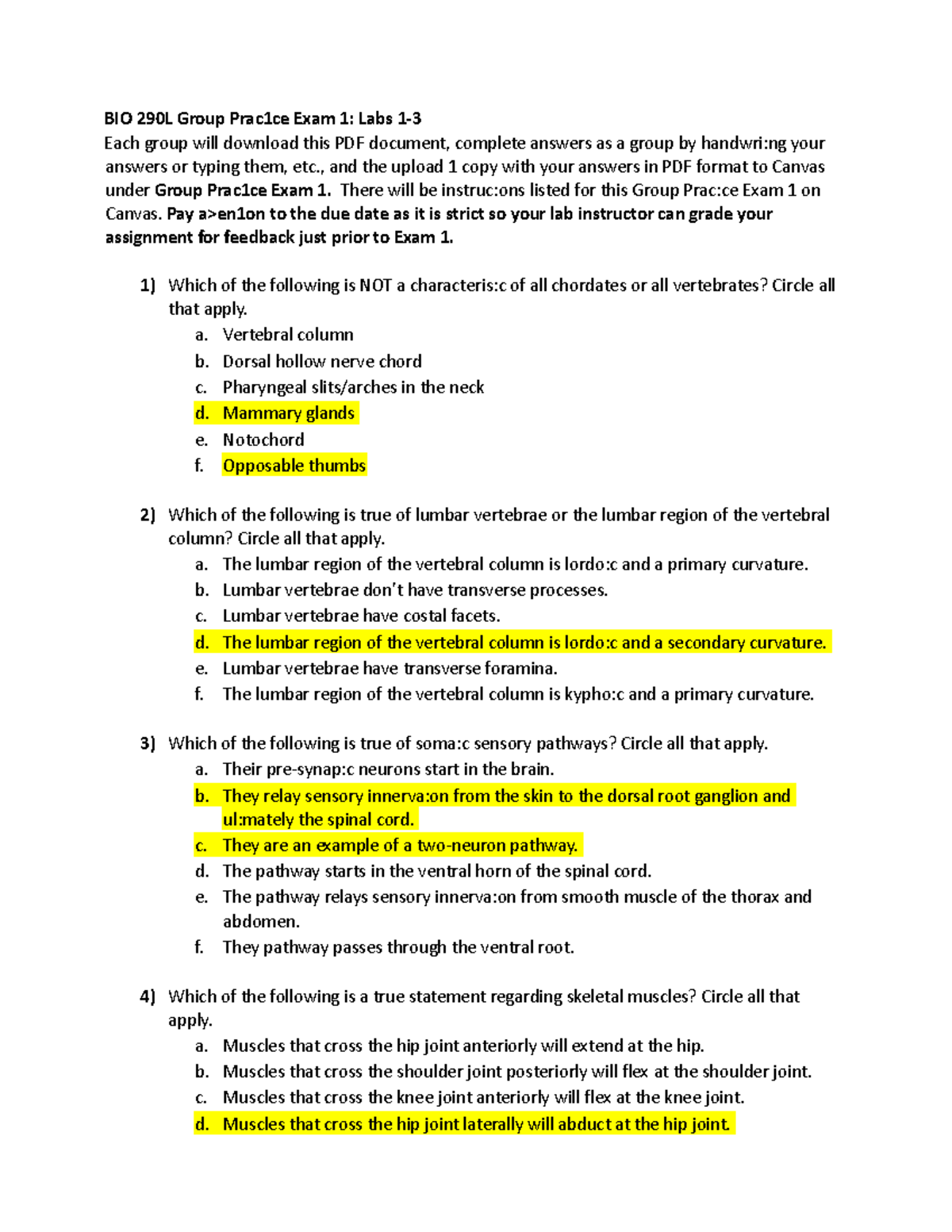 Bio 290 L Group Practice Exam 1 Bio 290l Group Prac1ce Exam 1 Labs 1