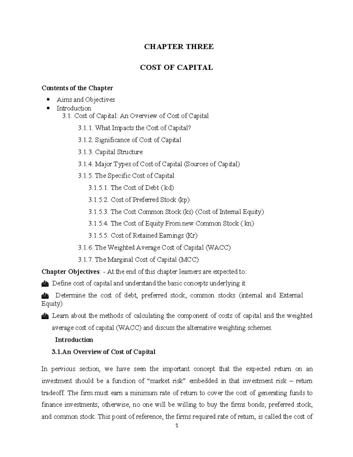Chapter Three COST OF Capital - CHAPTER THREE COST OF CAPITAL Contents of the Chapter Aims and ...
