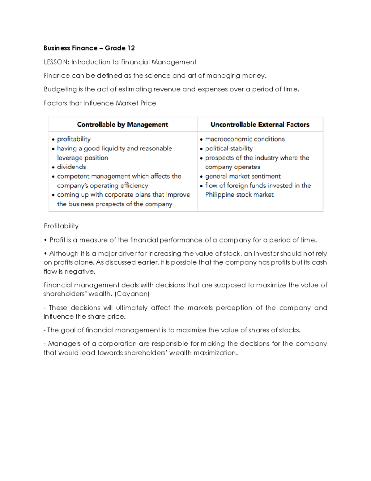 Lesson 1 The Material Is About Business FInance Business Finance