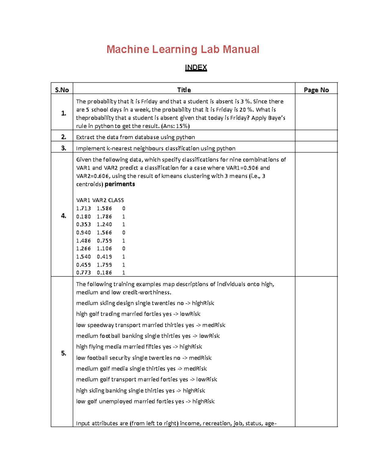 ML Lab Programs(1-13) - Machine Learning Lab Manual INDEX S Title Page No 1. The probability ...