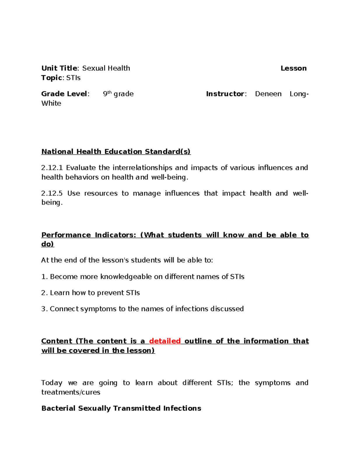 STIs- Lesson Plan 2 - Unit Title: Sexual Health Lesson Topic: STIs ...