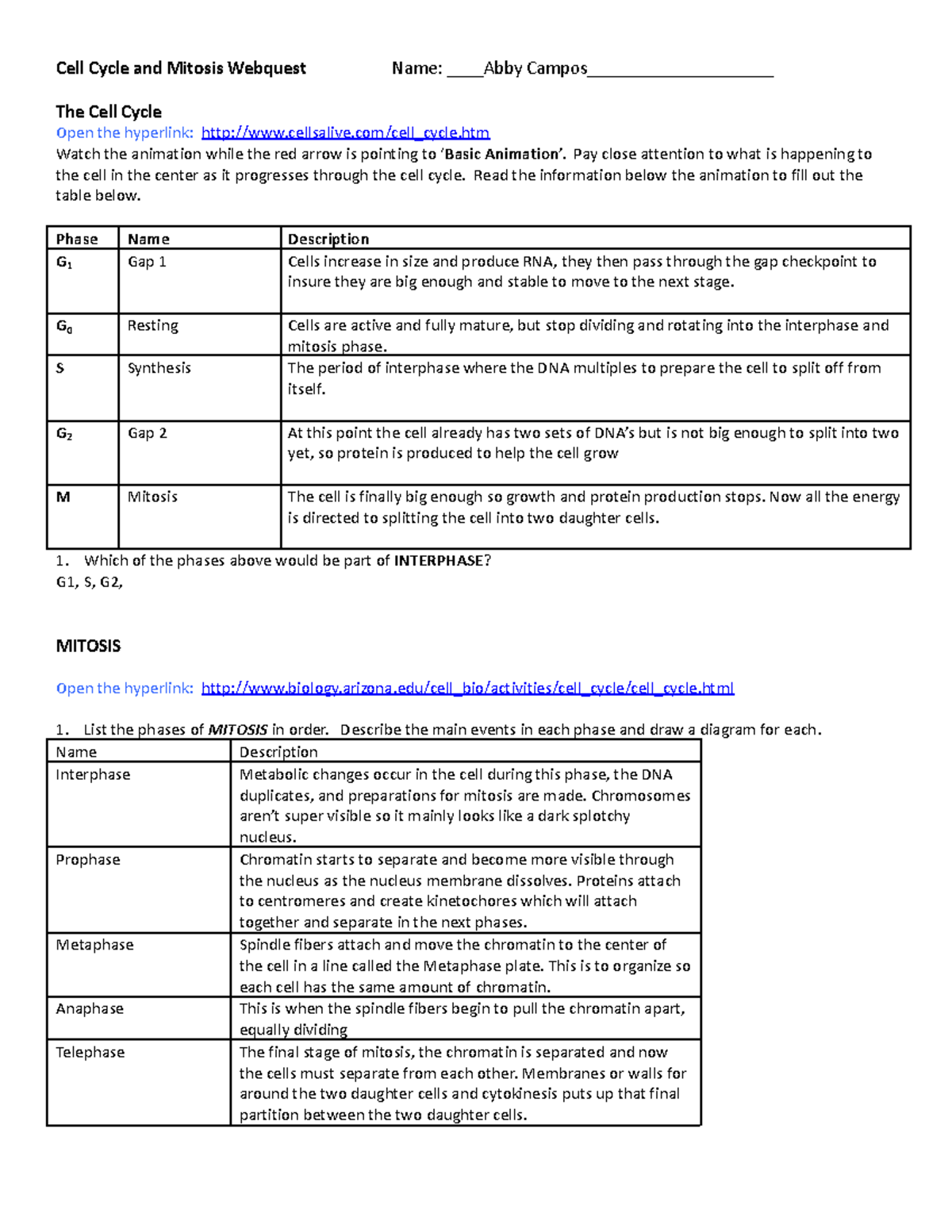 Mitosis Webquest Abby Campos - Cell Cycle and Mitosis Webquest Name ...