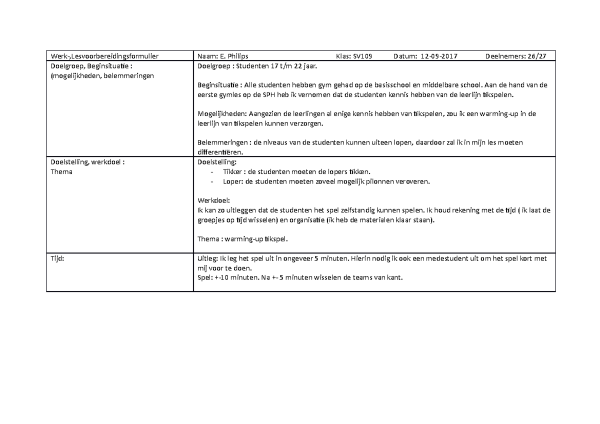 Werkvoorbereidingsformulier lesgeven (GYM / Activiteiten) - Werk ...