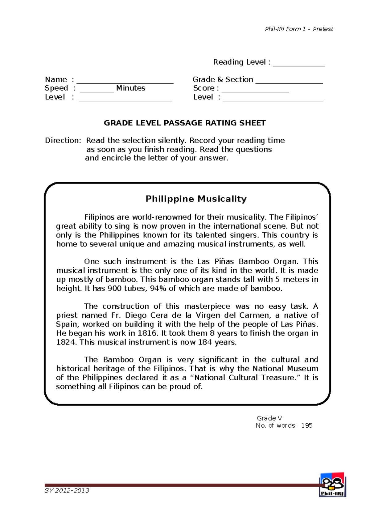 Grade 5 philippine musicality silent pretest - Reading Level ...