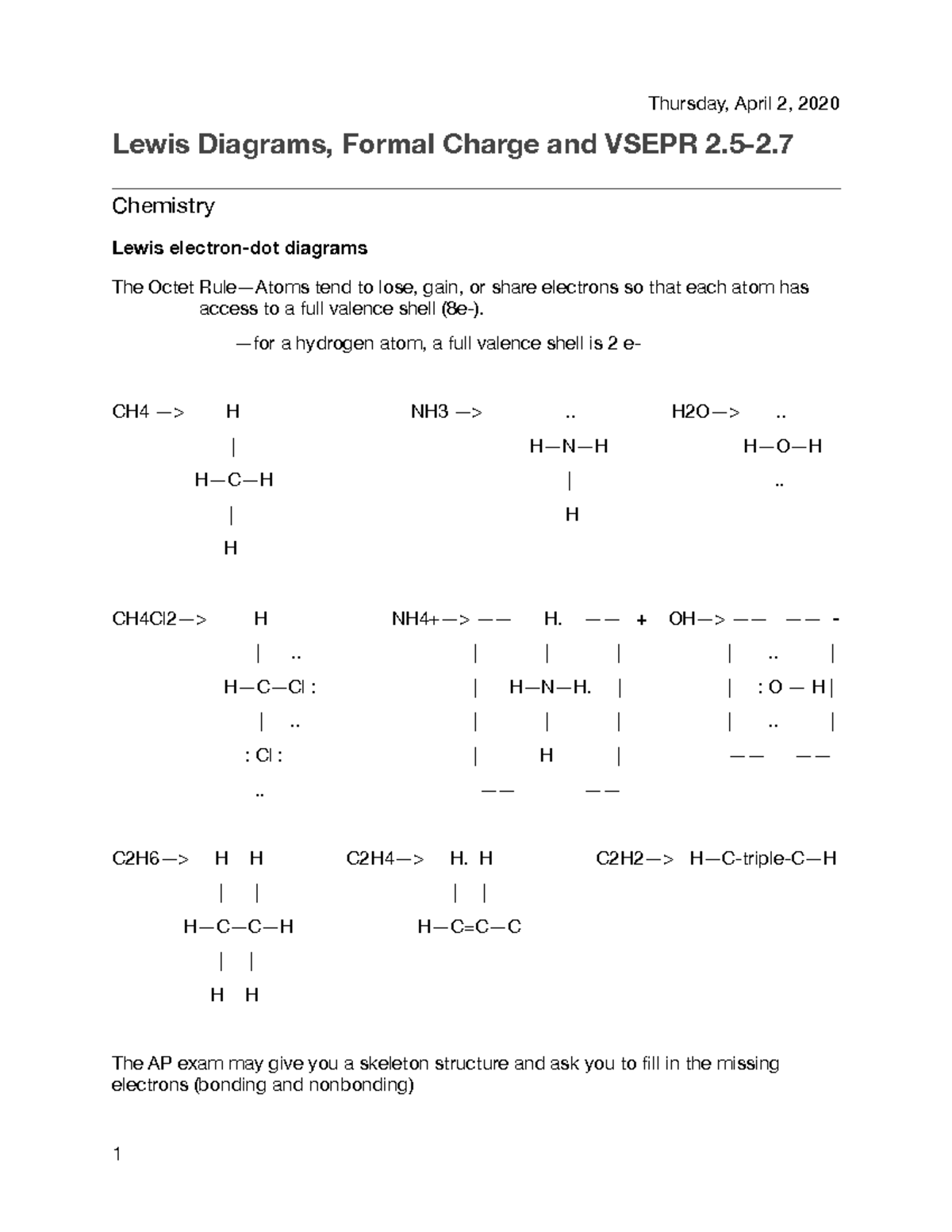 Chem 5 - lecture 2 notes - Lewis Diagrams, Formal Charge and VSEPR 2-2 ...