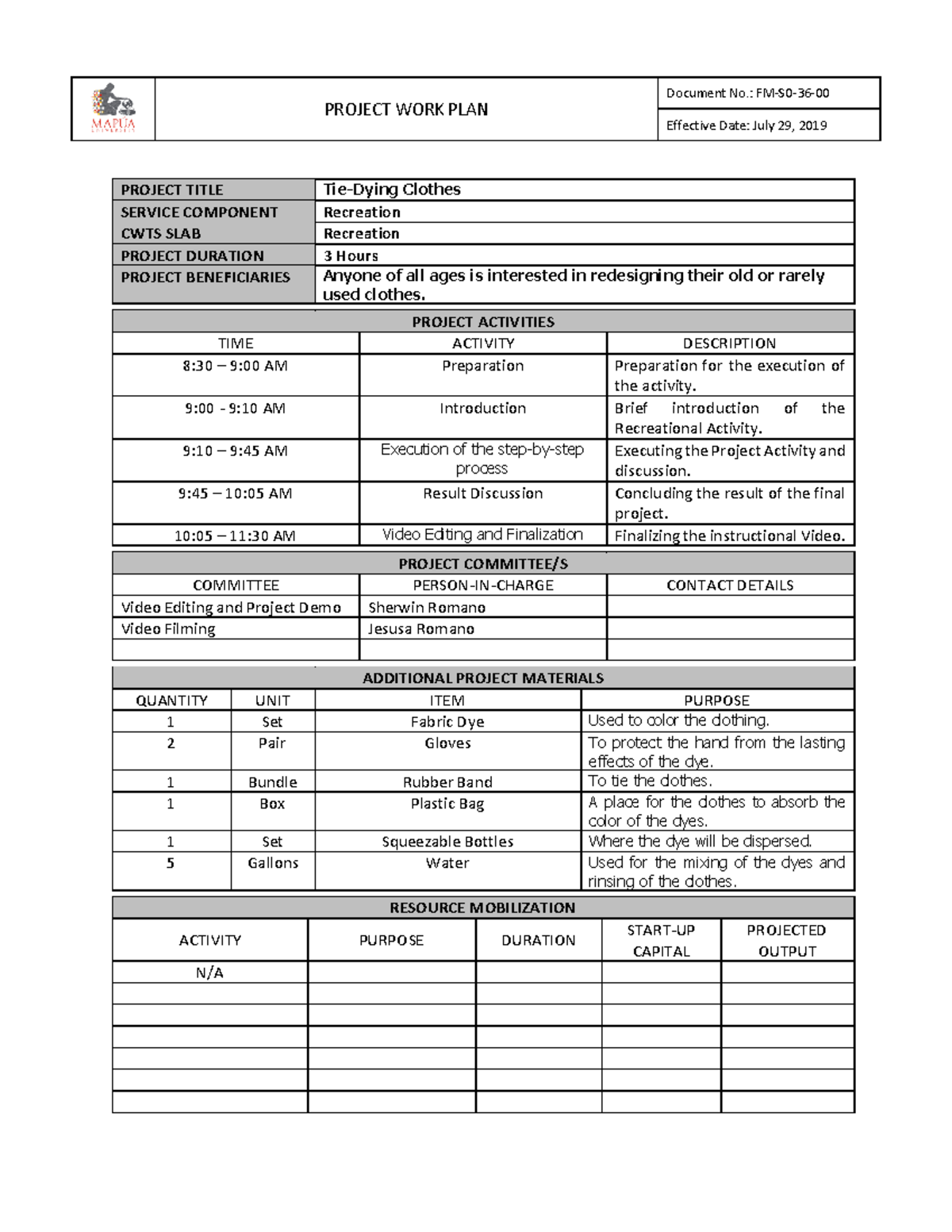 Project Work Plan PROJECT WORK PLAN Document No FM S0 36 Effective project-work-plan-project-work-plan-document-no-fm-s0-36-effective