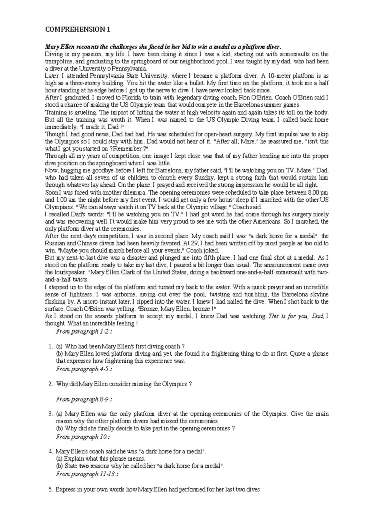 Comprehension 1-3 - yyyyyyyyyyy - COMPREHENSION 1 Mary Ellen recounts ...