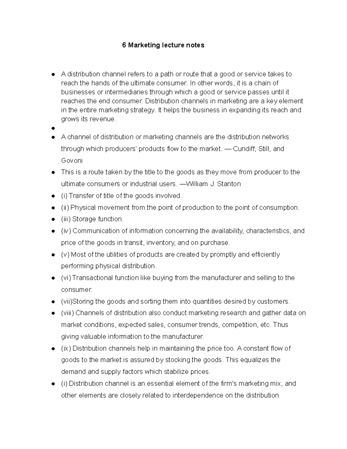 6 Marketing lecture notes - 6 Marketing lecture notes A distribution ...