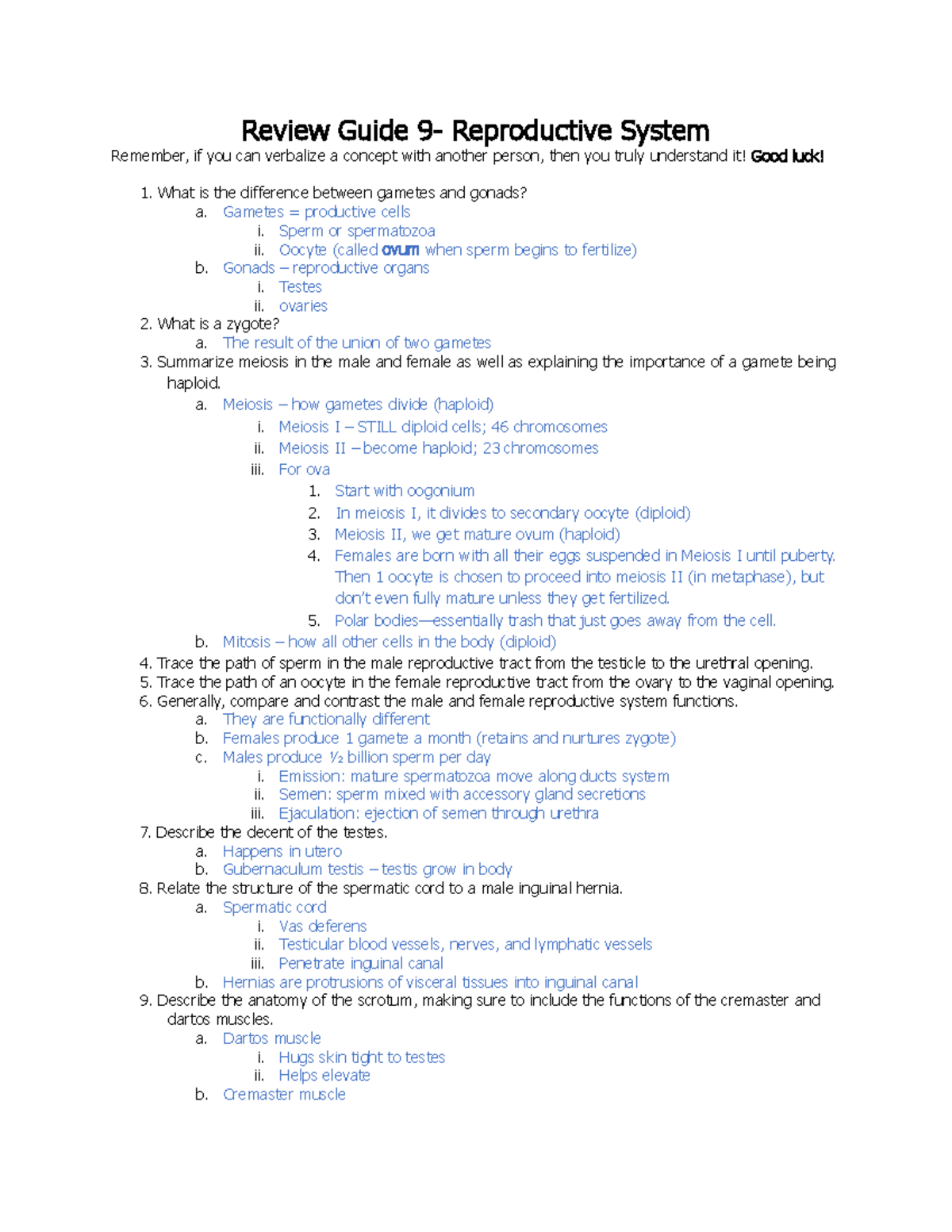 Review Guide 9 Reproductive System Review Guide - Review Guide 9 ...