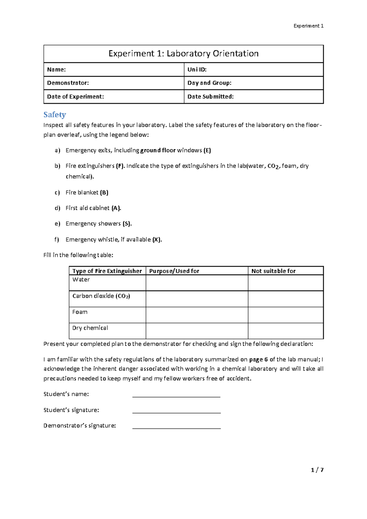 2. Exp 1 WS - Laboratory Orientation - Safety Inspect all safety ...