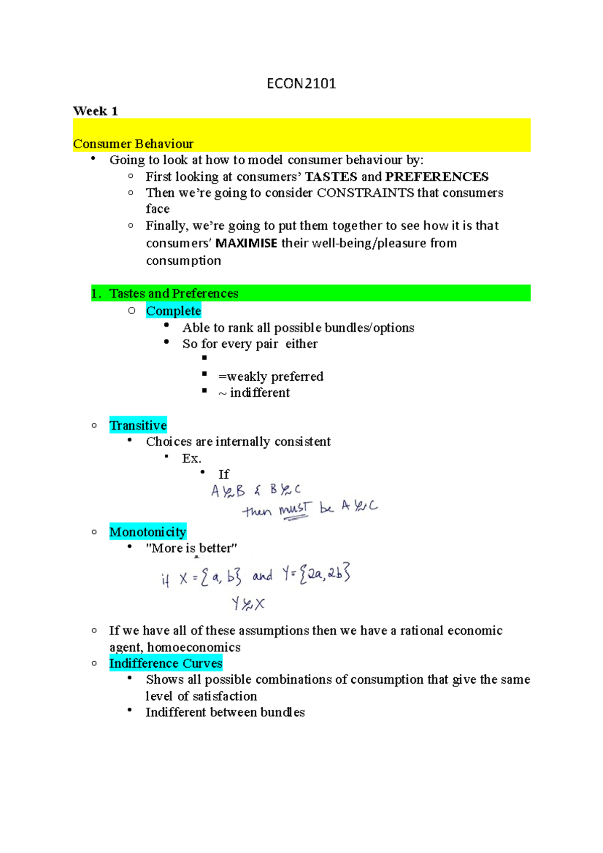 ECON2101 - Micro 1 notes. - ECON Week 1 Consumer Behaviour Going to ...