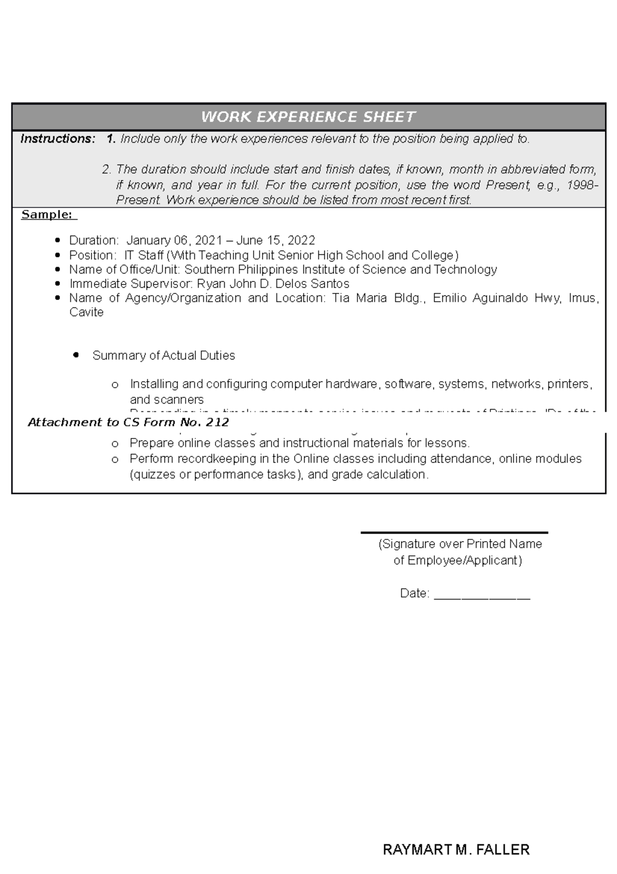 WES Sample - Raymart M. Faller - WORK EXPERIENCE SHEET Instructions: 1 ...