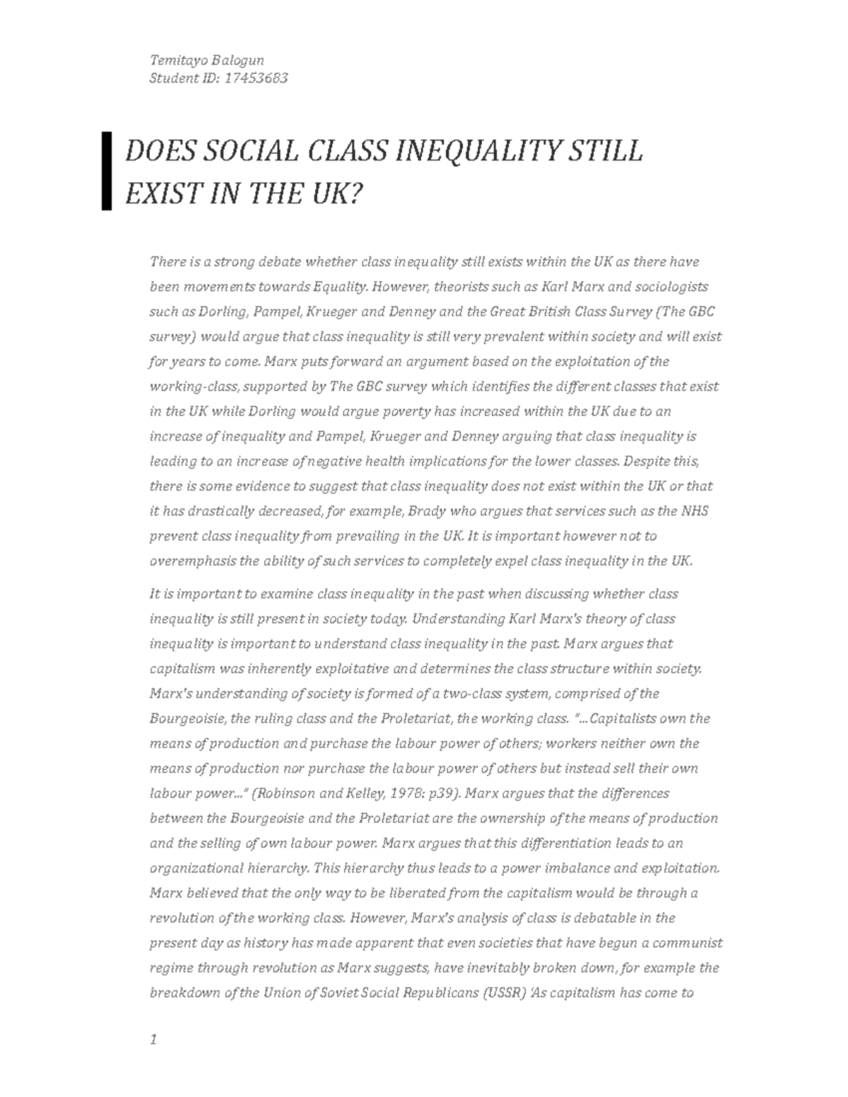 Class inequality assisgnment complete - Temitayo Balogun Student ID ...