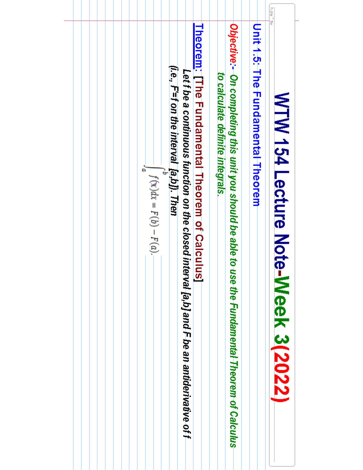 WTW 154 Lecture Note -Week 3(2022) - ObjectiveUnit 1: The Fundamental ...