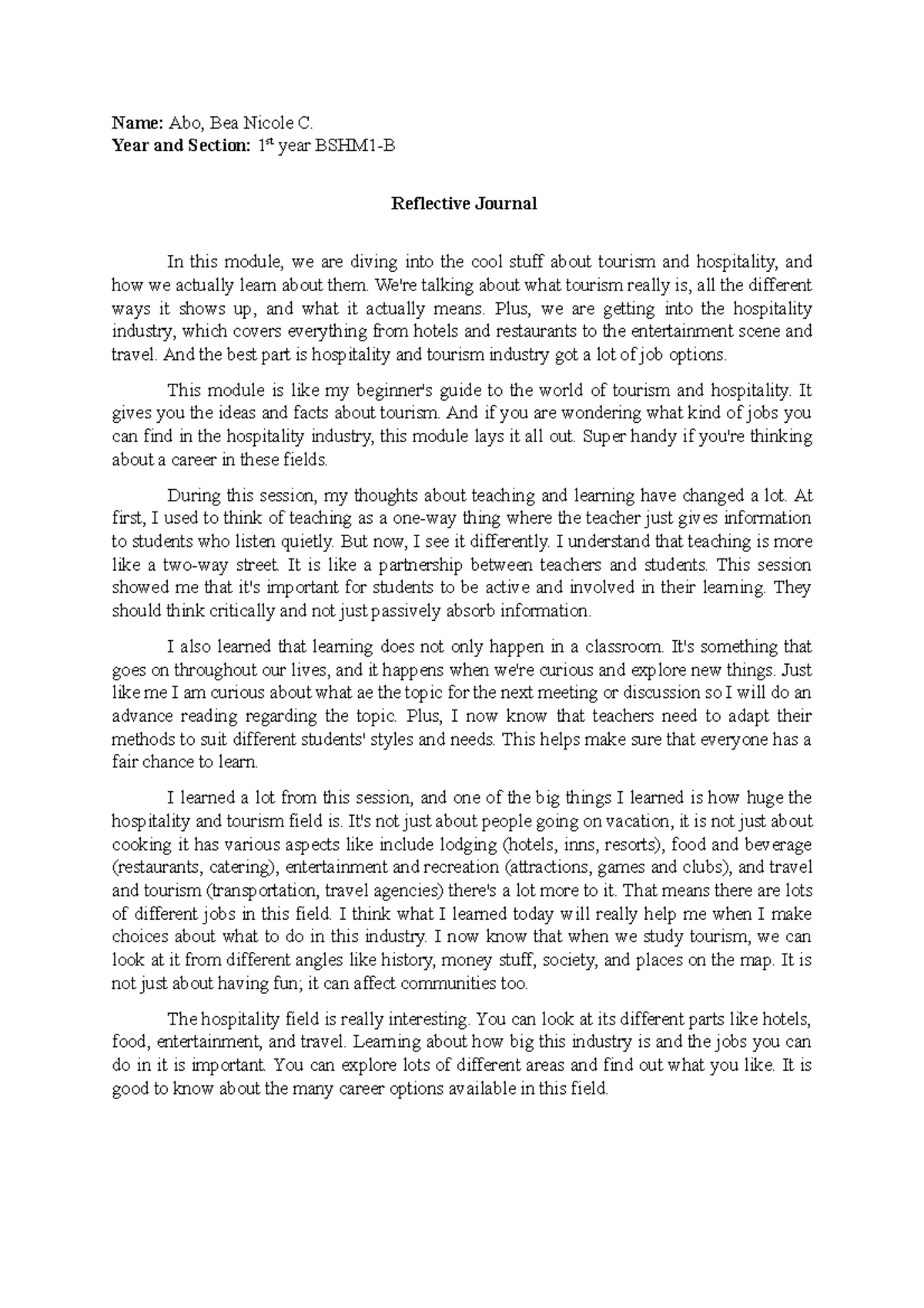Mptrj 1 - reflective journal - Name: Abo, Bea Nicole C. Year and ...