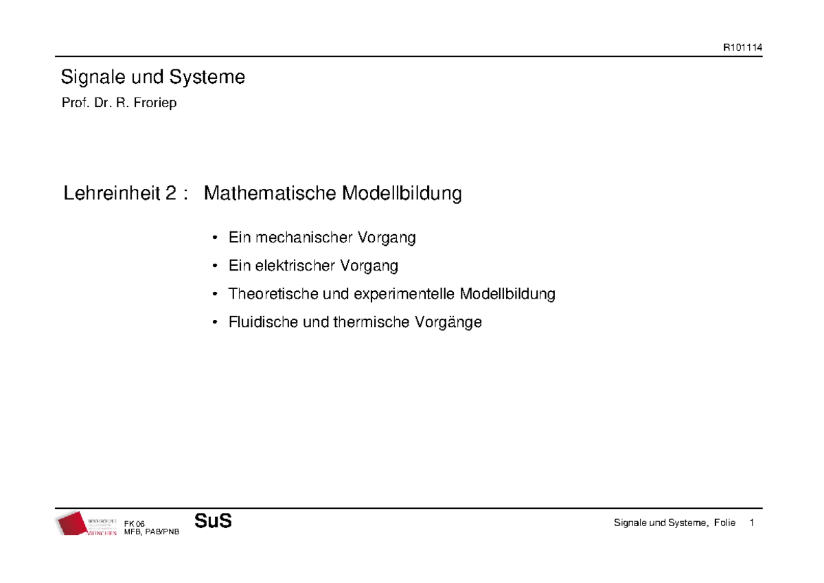 02 Su S Math Modellbildung - Signale und Systeme, Folie 1 R FK 06 SuS ...