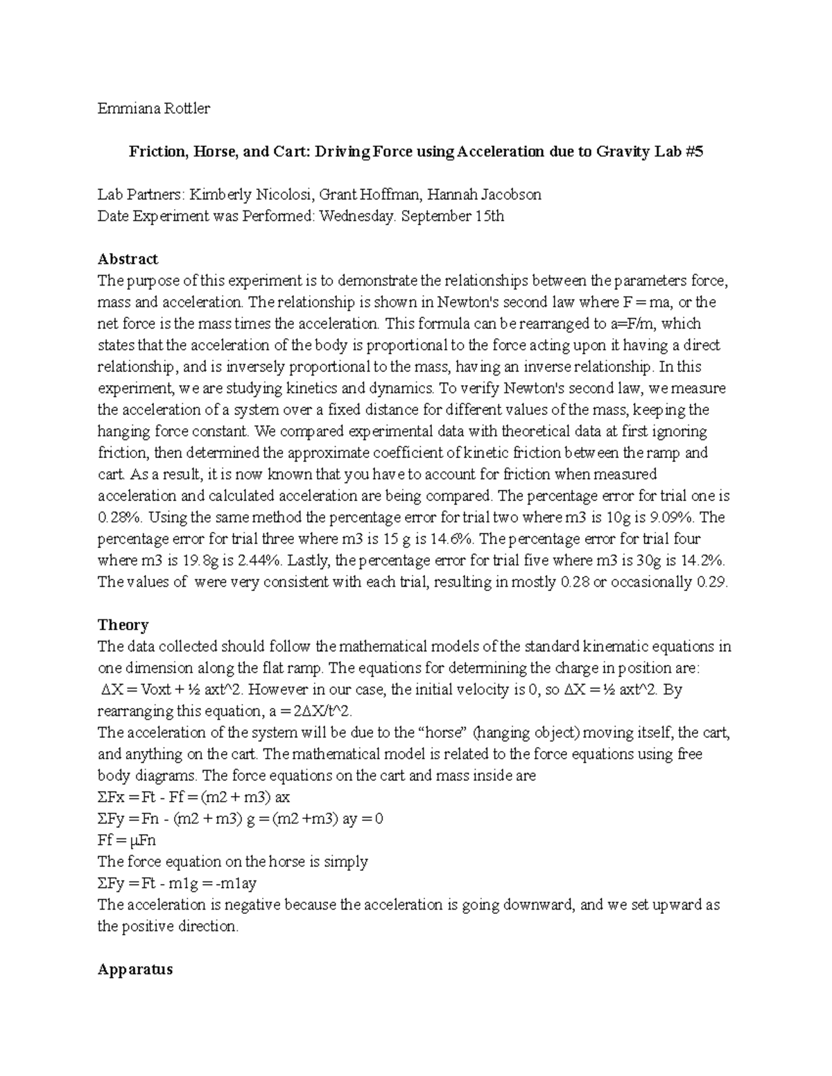 Friction, Horse, and Cart Lab #5 - Emmiana Rottler Friction, Horse, and ...