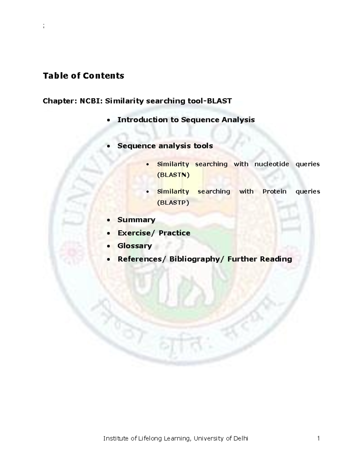 NCBI- Similarity searching tool- Blast - Table of Contents Chapter: NCBI: Similarity searching ...