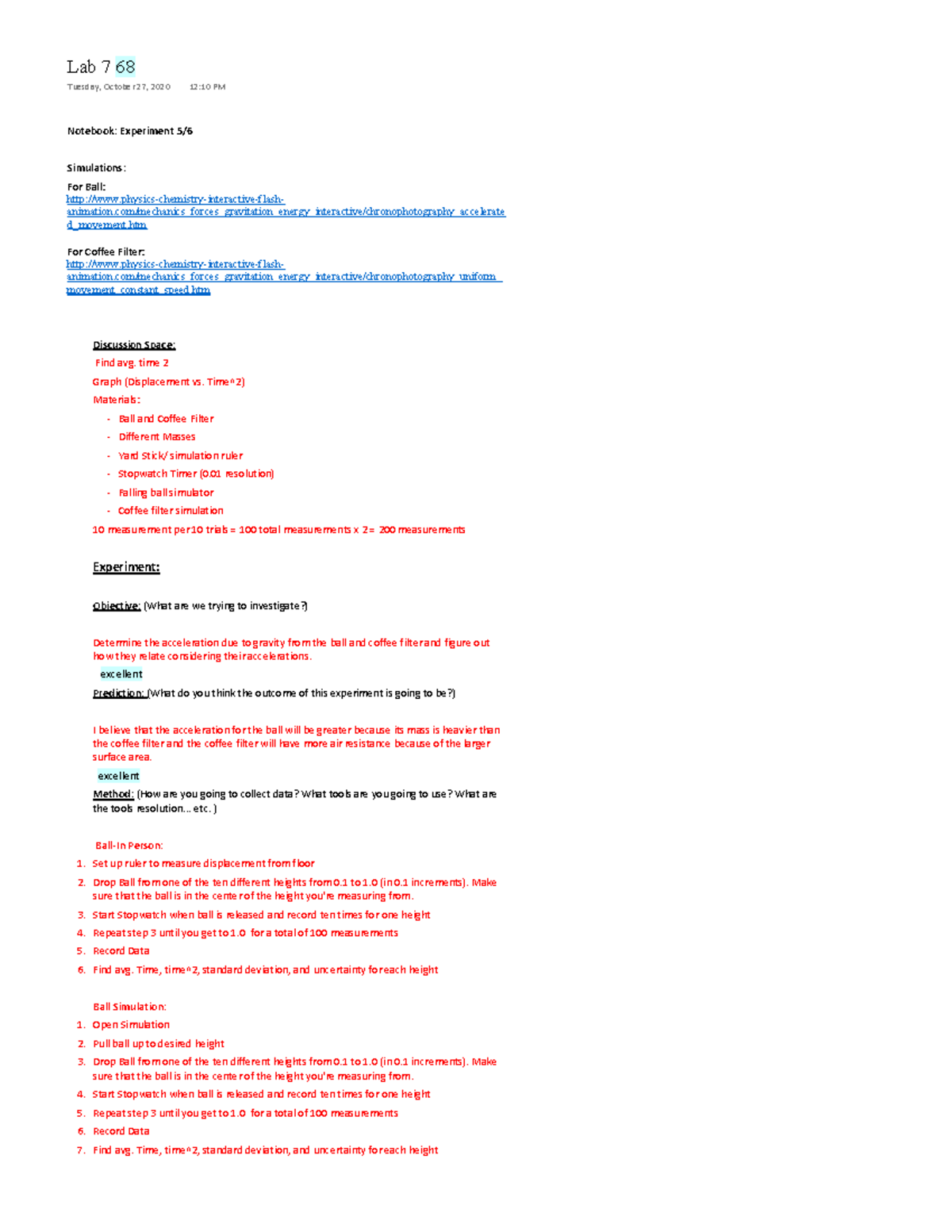 Acceleration Lecture - Notebook: Experiment 5/ Simulations: For Ball: - Studocu