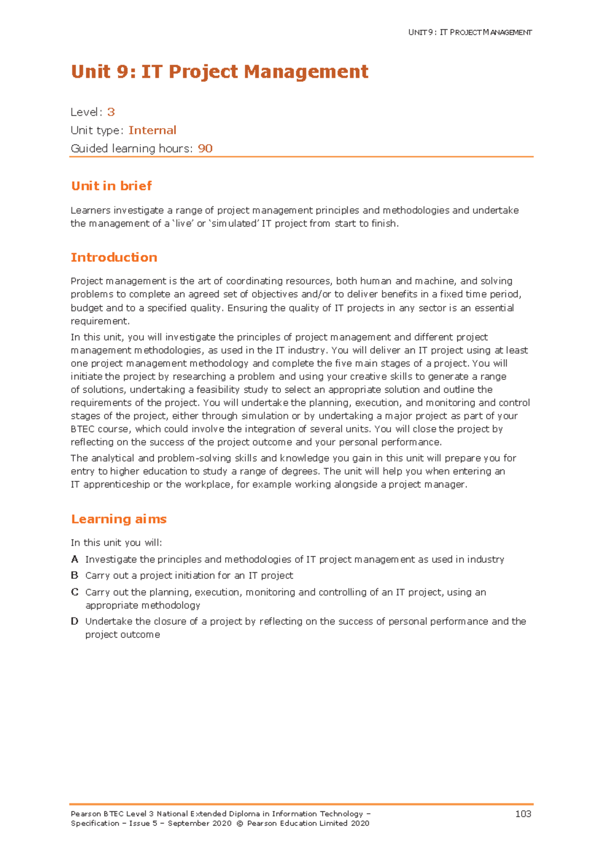 Unit 9 project managment assignment 1 spec - Pearson BTEC Level 3 ...