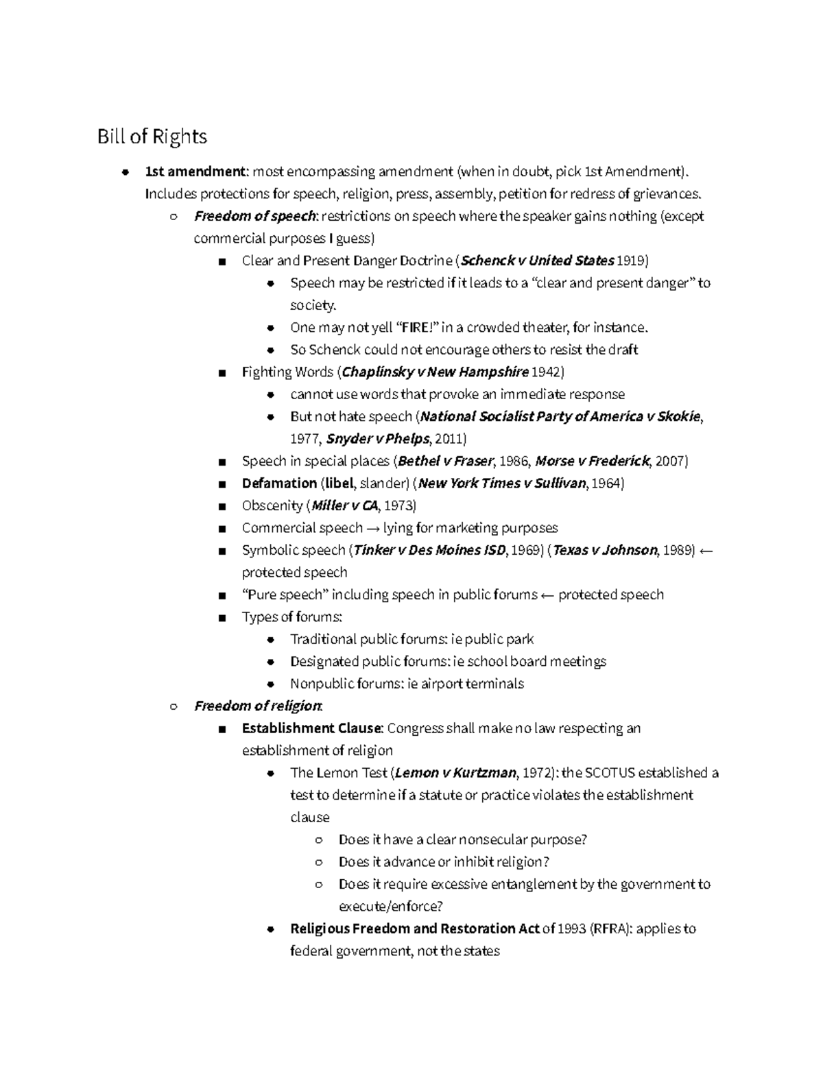 US Gov Notes Unit 4 (3 of 4) - Bill of Rights 1st amendment: most ...