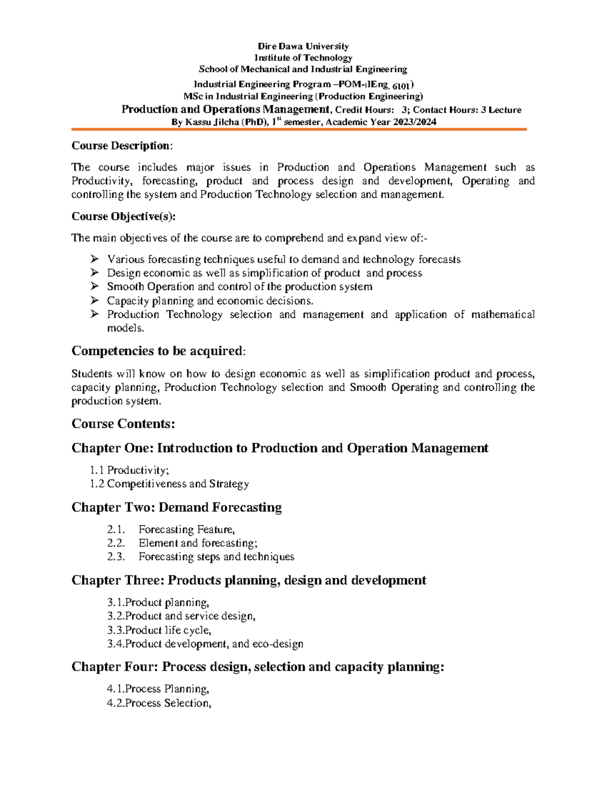 Meng6101 Production and Operation Management course outline - Dire Dawa University Institute of ...