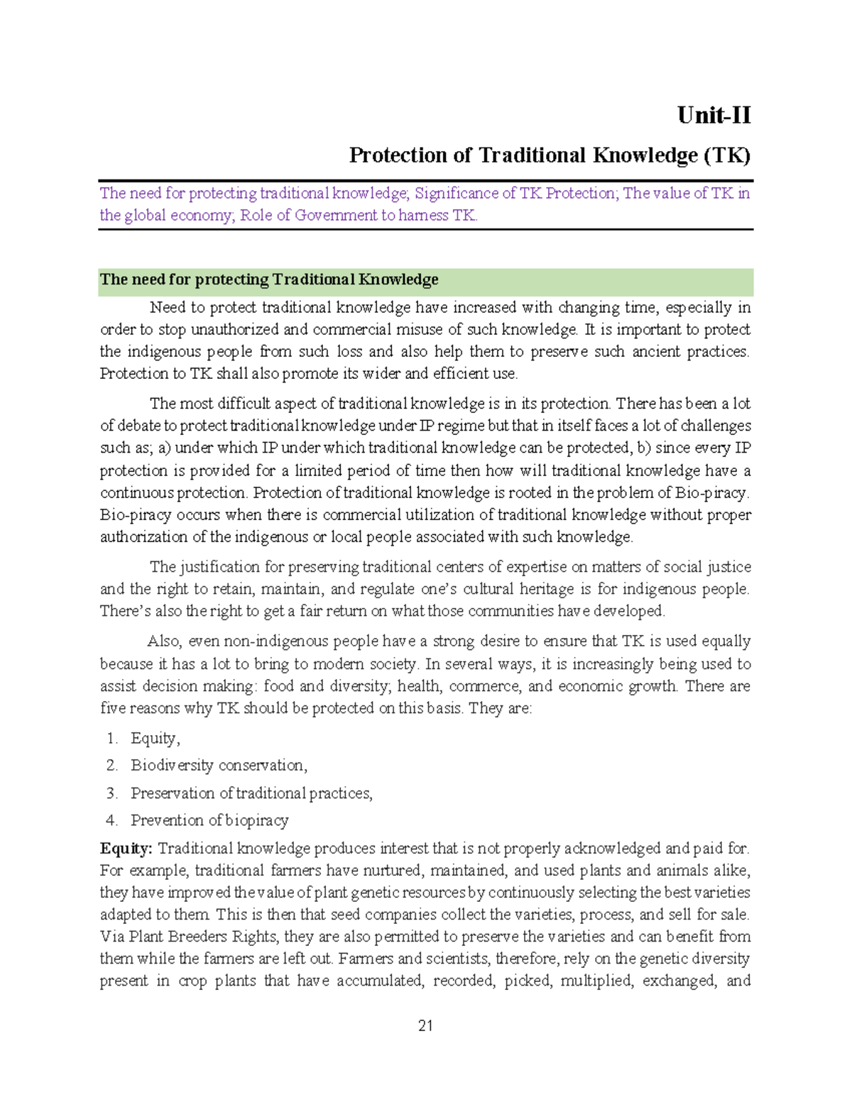 EITK UNIT-2 - Summary Traditional Knowledge - Unit-II Protection of Traditional Knowledge (TK ...