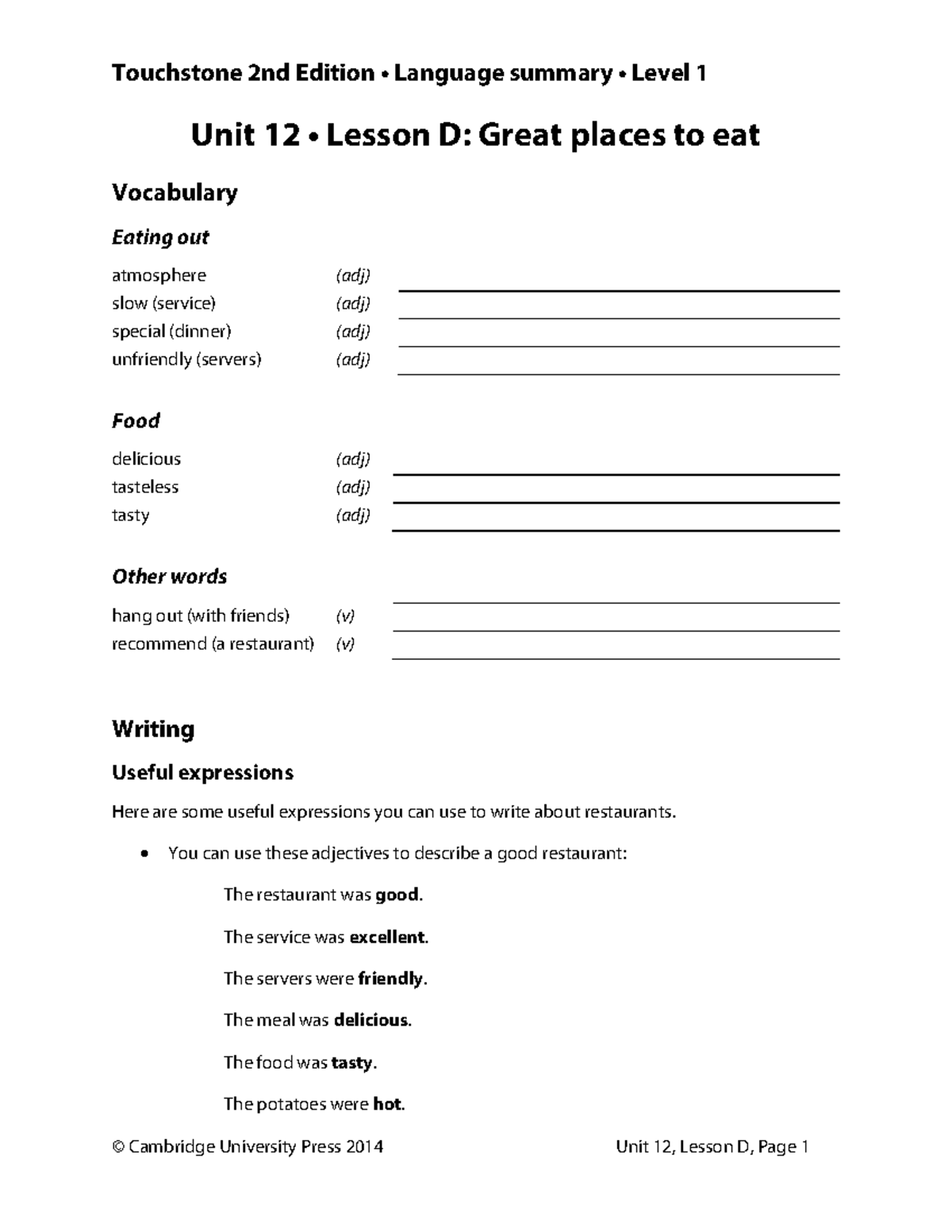 TS2e L1 U12 LD Langsum - English - Touchstone 2nd Edition • Language summary • Level 1 Unit 12 ...