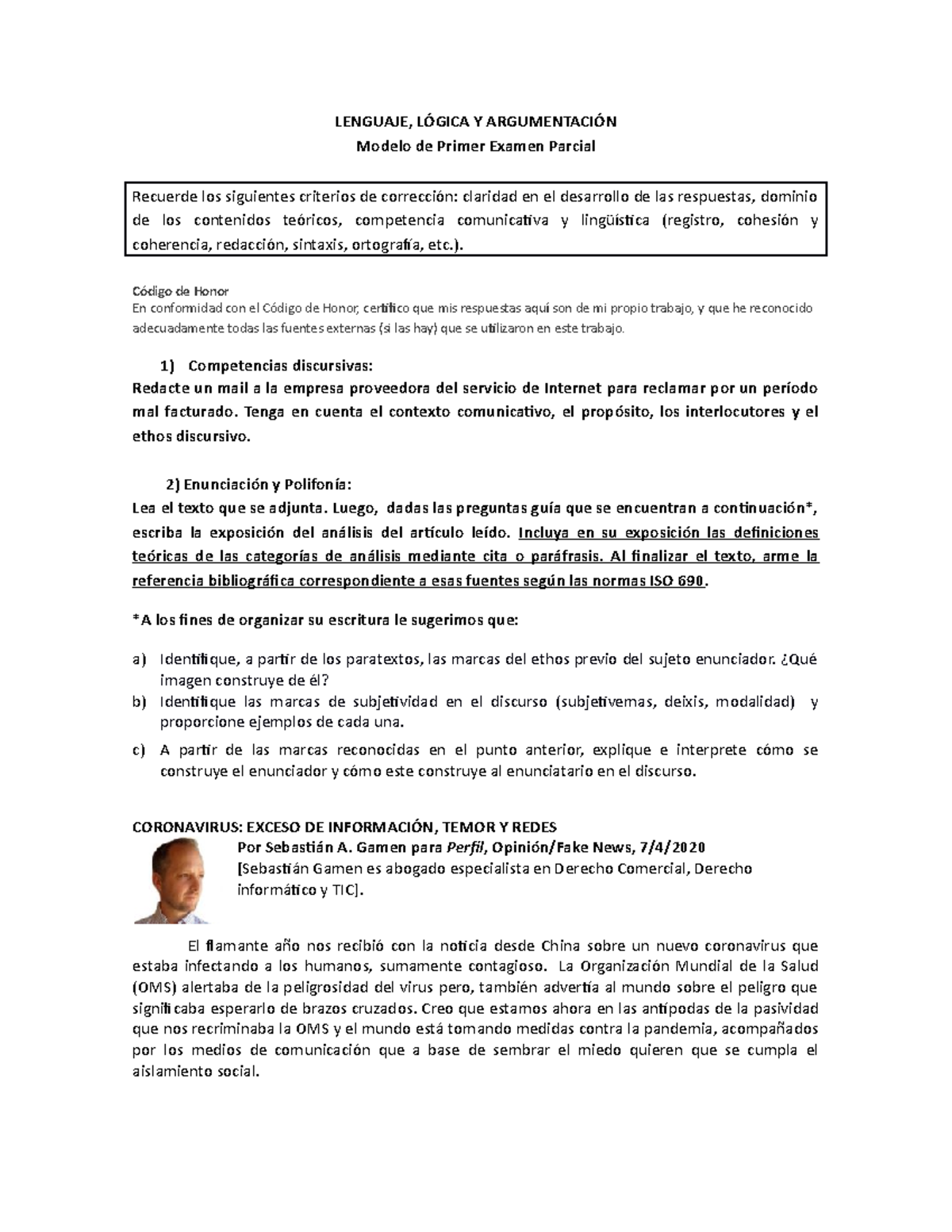 PARCIAL 20 16 Abril 2018, preguntas y respuestas - LENGUAJE, LÓGICA Y ARGUMENTACIÓN Modelo de ...