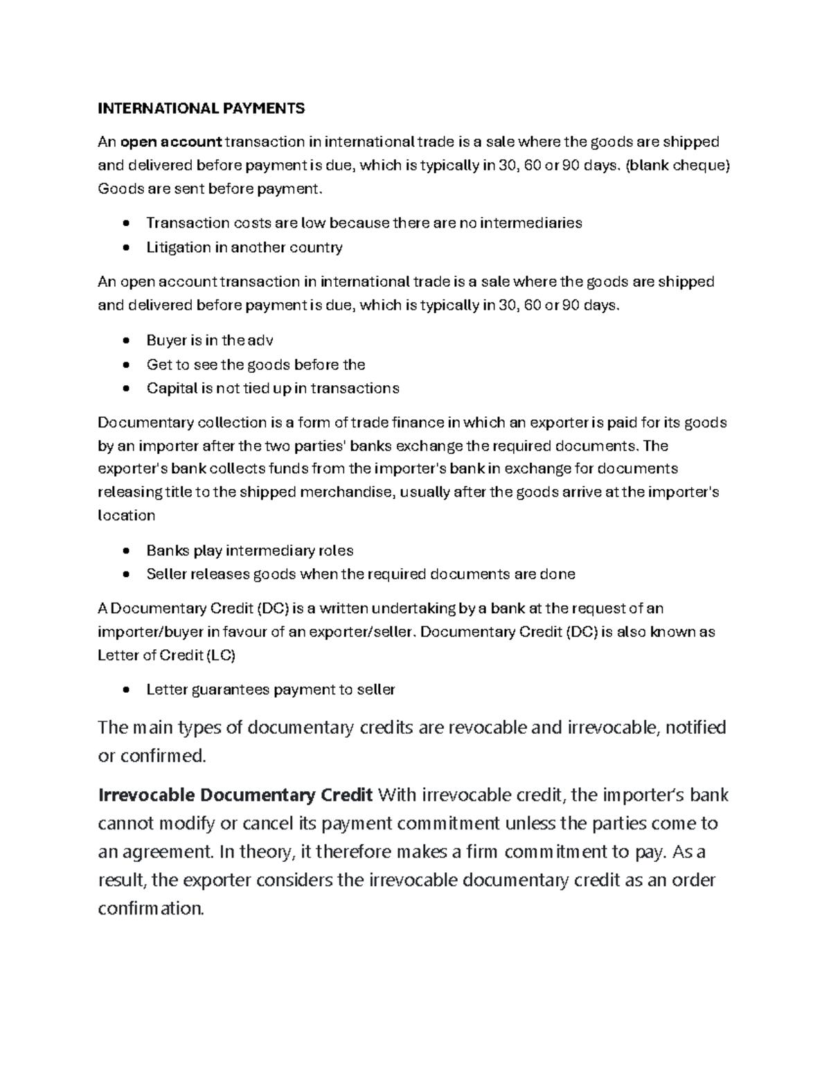 INPA Notes - INTERNATIONAL PAYMENTS An open account transaction in ...