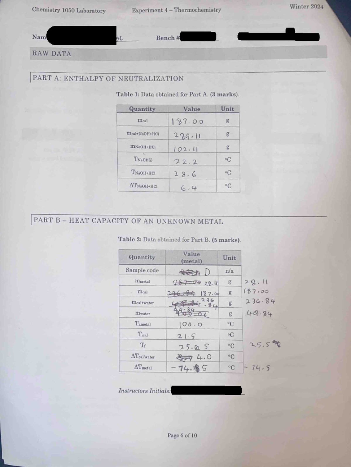 Chem 1050 Lab experiment 4 - Chemistry 1050 Laboratory Experiment 4 - Thermochemistry Winter ...