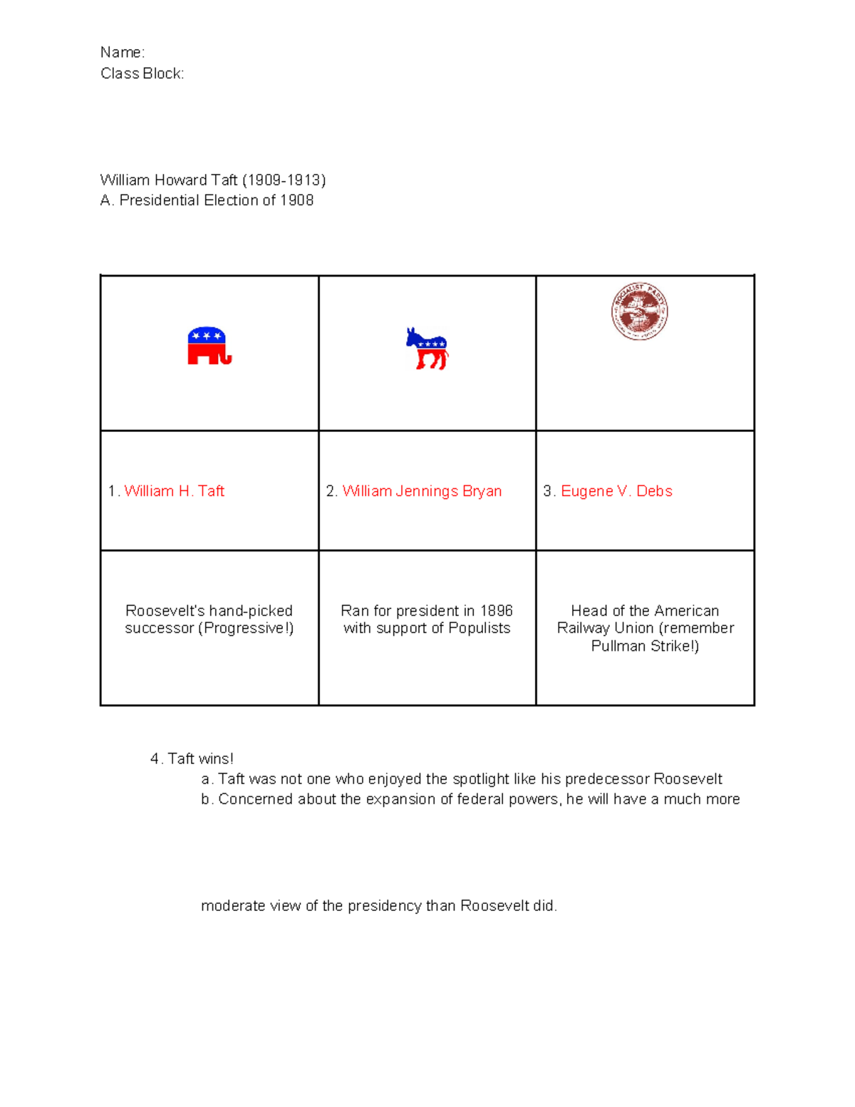 Notes #5 Taft s Domestic Policies - Class Block: William Howard Taft ...