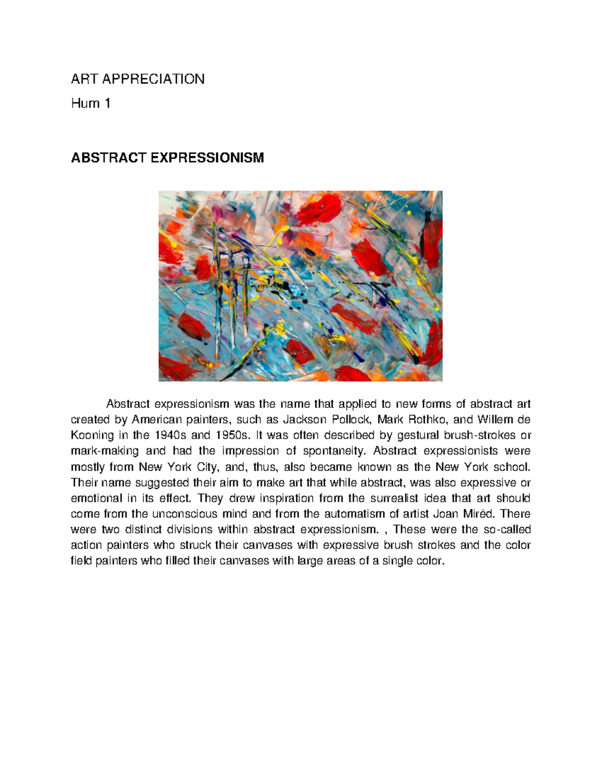 Art Appreciation Hum 1 - Abstract Expressionism - ART APPRECIATION Hum ...