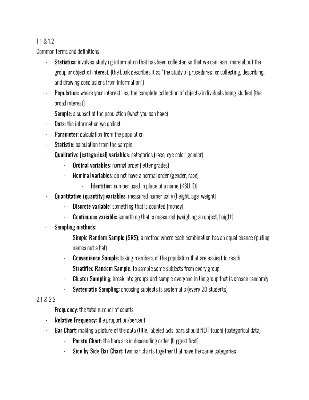 Stats notes - 1 & 1. Common terms and definitions: - Statistics ...