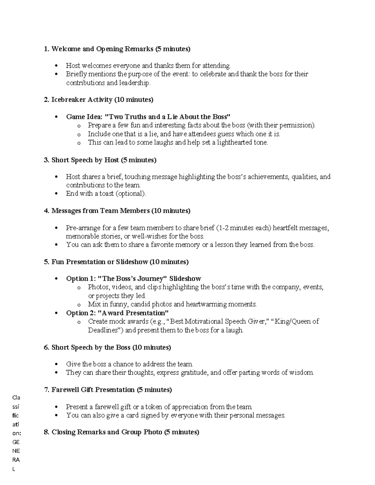 Despedida Party Program - Cla ssi fic ati on: GE NE RA L 1. Welcome and ...