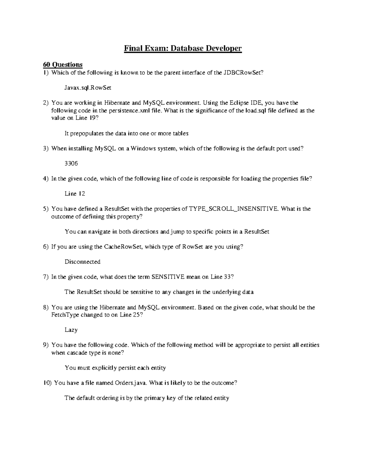 Skillsoft Database Developer Final Exam - Final Exam: Database Developer 60 Questions Which of ...